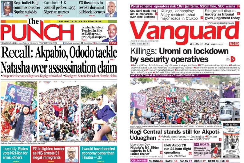 Inside Nigerian newspaper headlines today - Wednesday, 2 April 2025